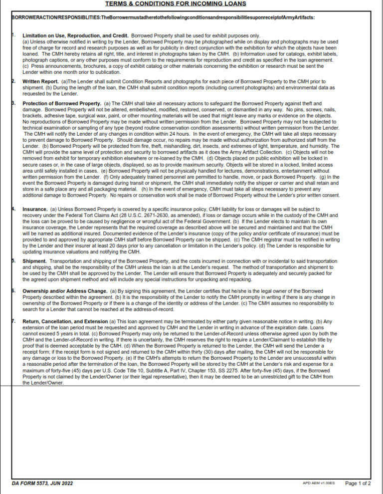 DA Form 5573 - Incoming Loan Agreement