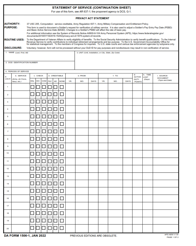 DA Form 1506-1 - Statement Of Service (Continuation Sheet)