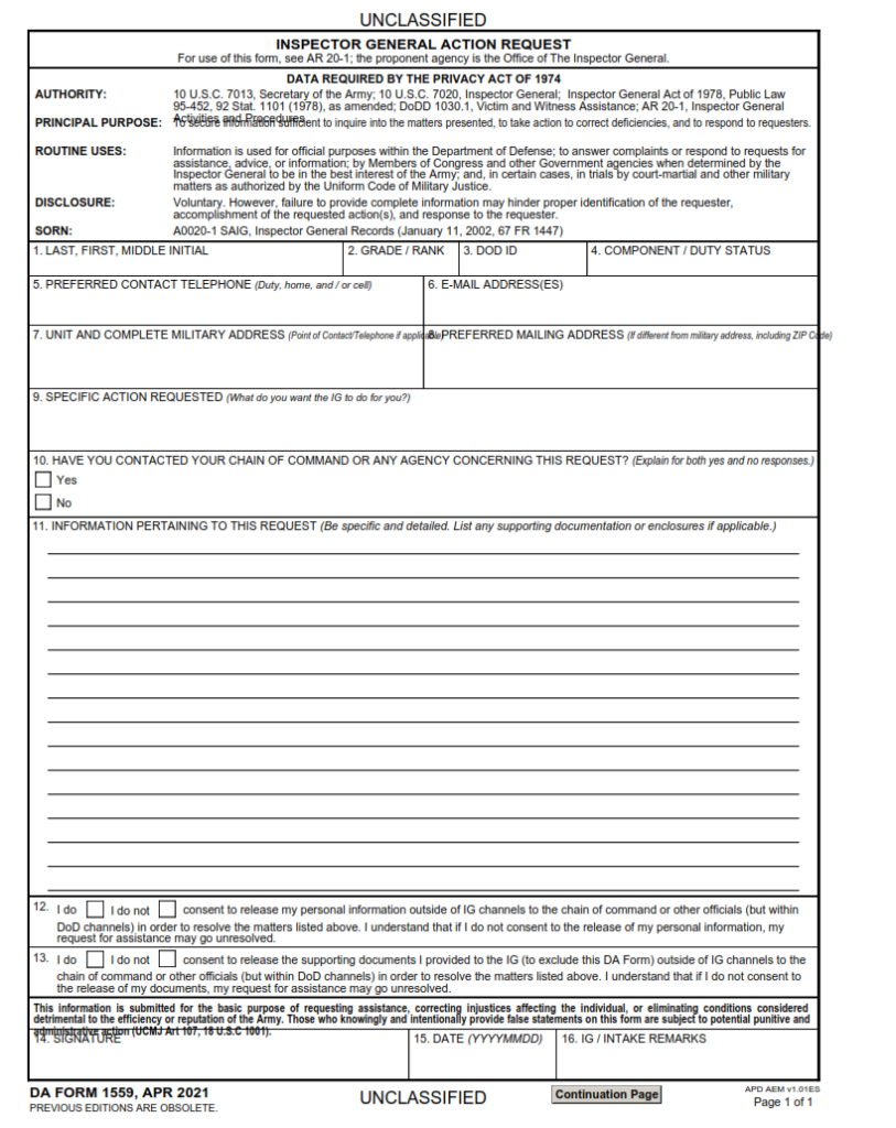 DA Form 1559 - Inspector General Action Request