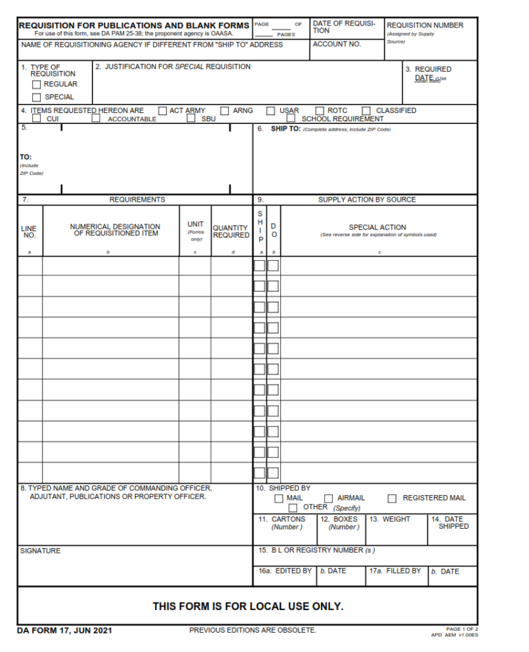 DA Form 17 - Requisition For Publications And Blank Forms