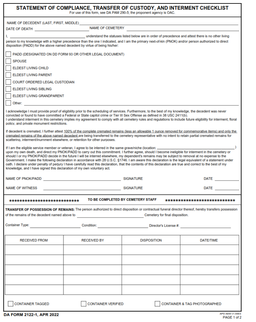 DA Form 2122-1 - Statement Of Compliance Andtransfer Of Custody