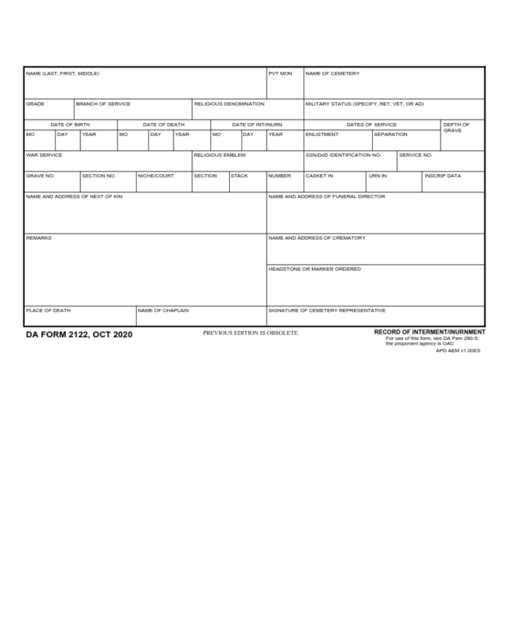 DA Form 2122 - Record Of Internment/Inurnmente