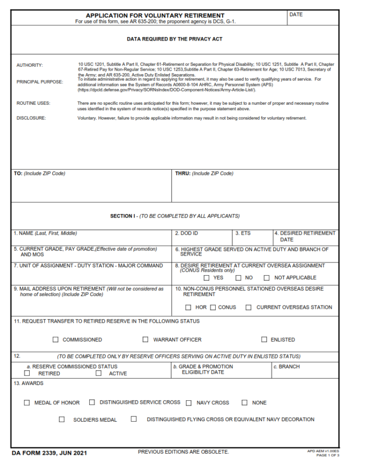 DA Form 2339 - Application For Voluntary Retirement