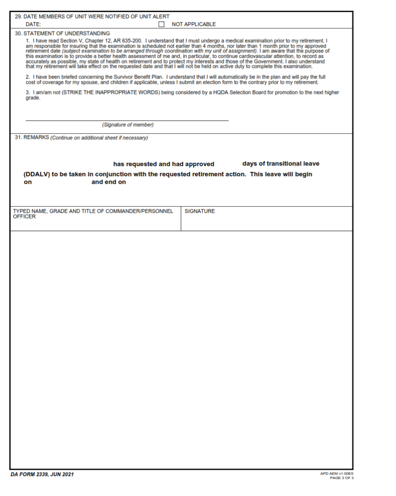 DA Form 2339 - Application For Voluntary Retirement
