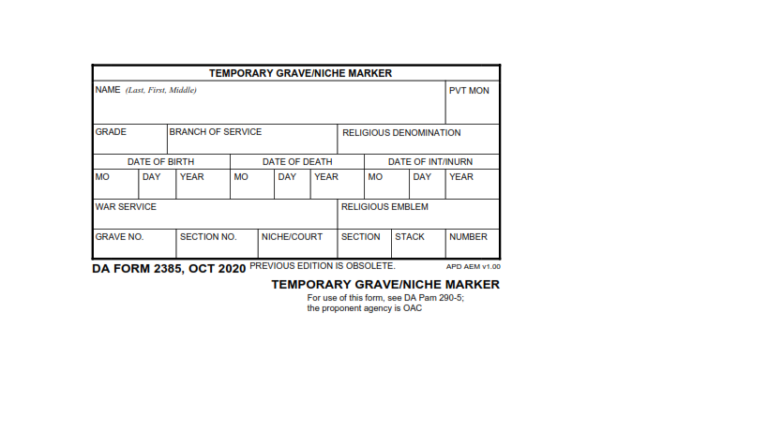 DA Form 2385 - Temporary Grave/Niche Marker