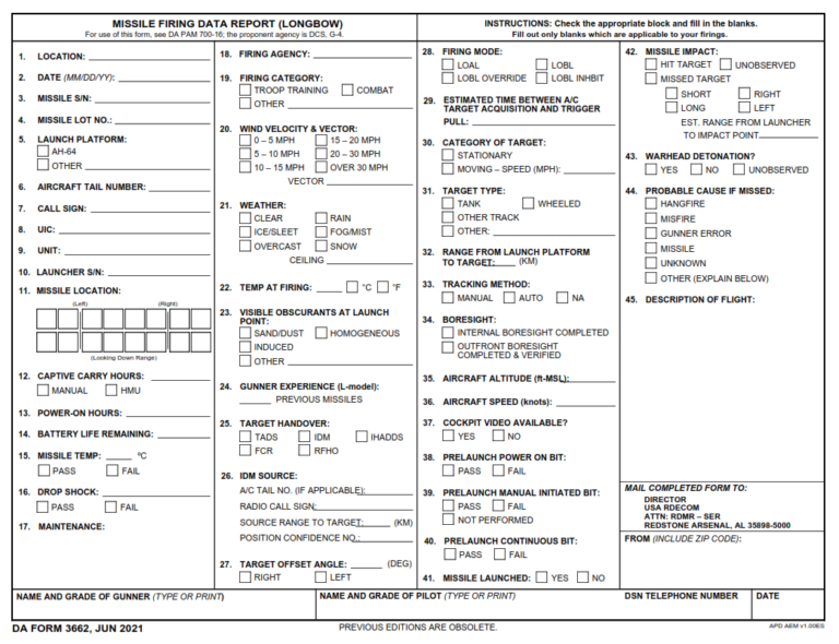 DA Form 3662 - Missile Firing Data Report (Longbow)