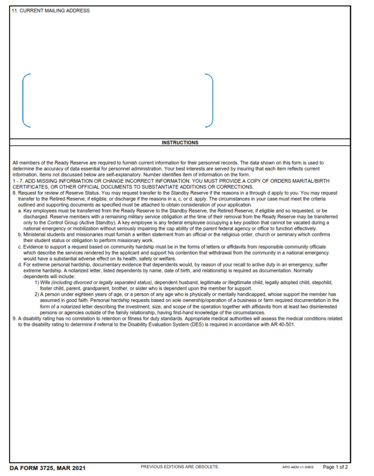 DA Form 3725 - Army Reserve Status And Address Verification