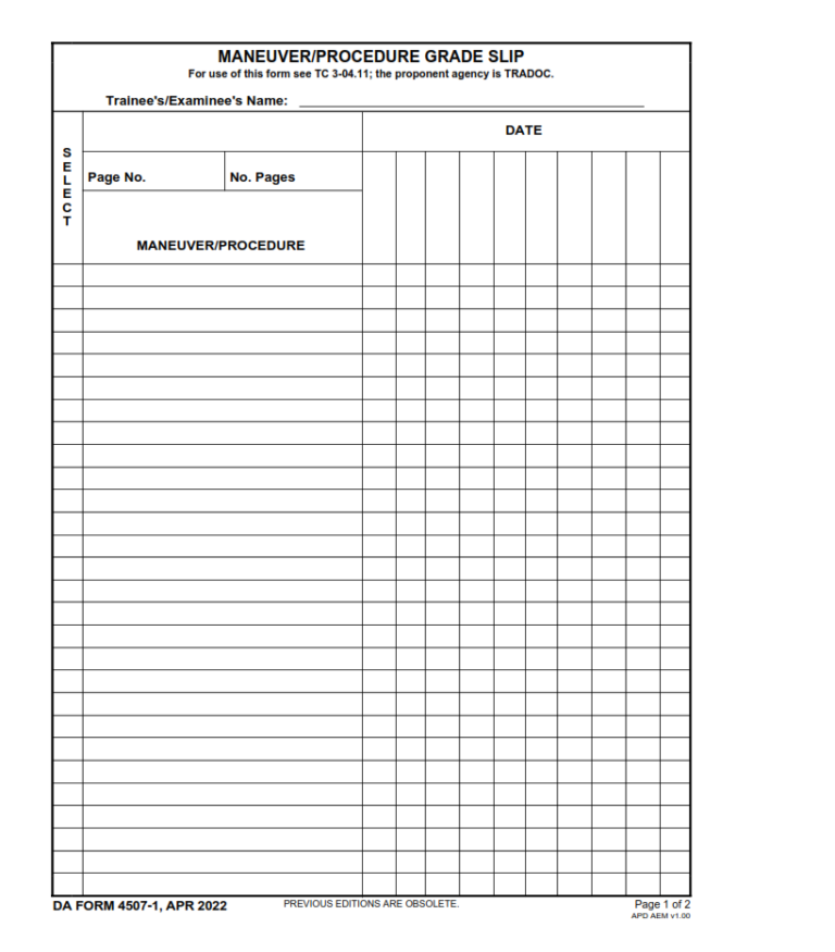 DA Form 4507-1- Maneuver/Procedure Grade Slip