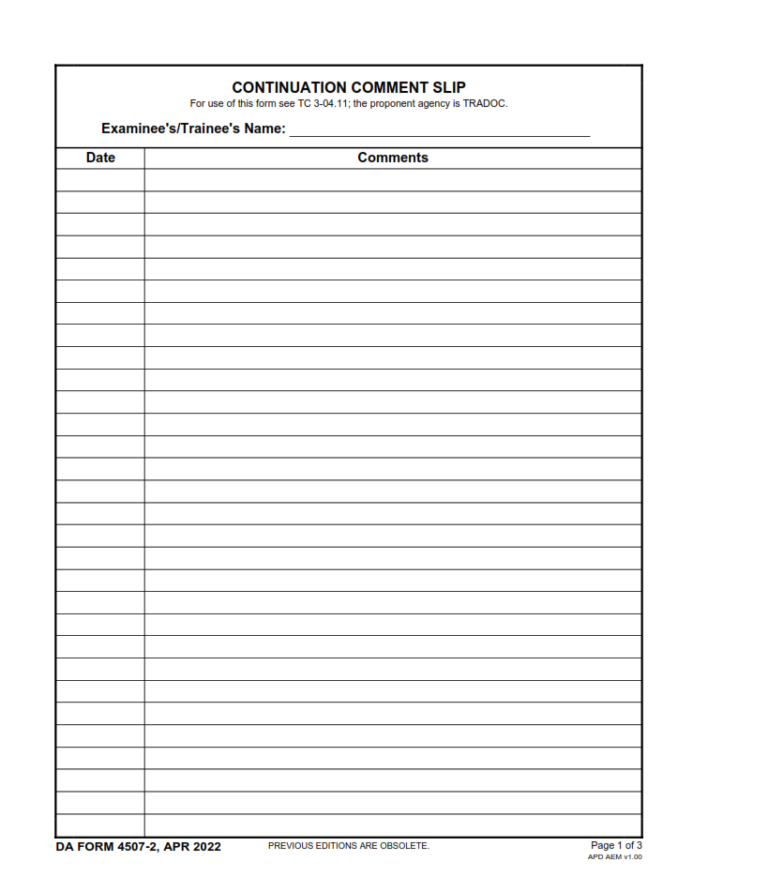 DA Form 4507-2 - Continuation Comment Slip