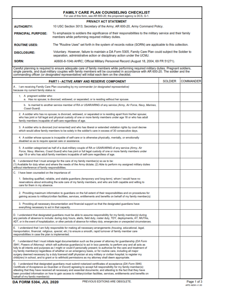 DA Form 5304 - Family Care Plan Counseling Checklist