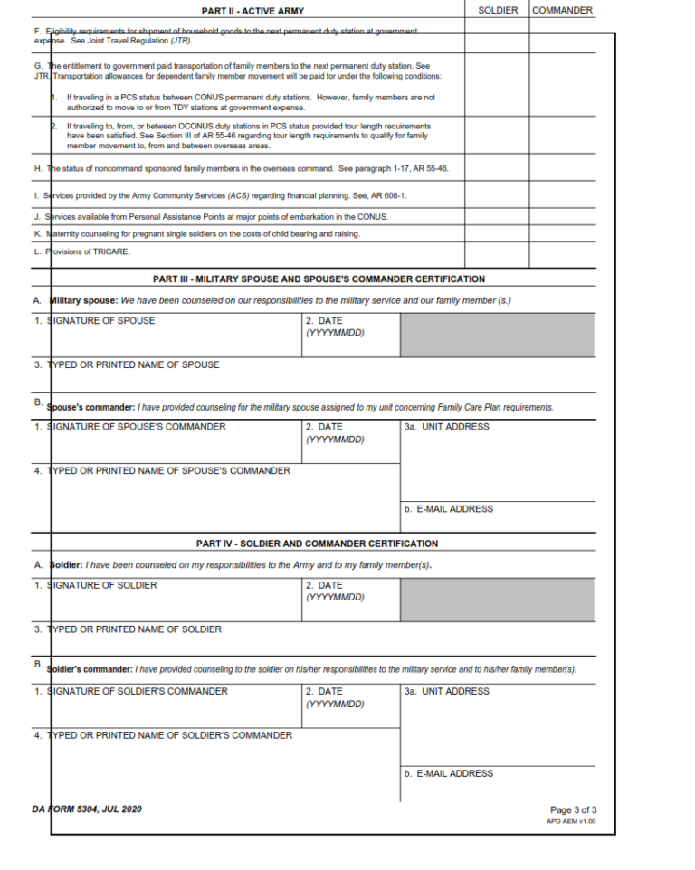 DA Form 5304 - Family Care Plan Counseling Checklist