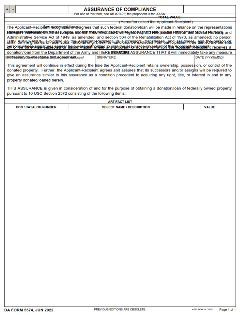 DA Form 5574 - Assurance Of Compliance