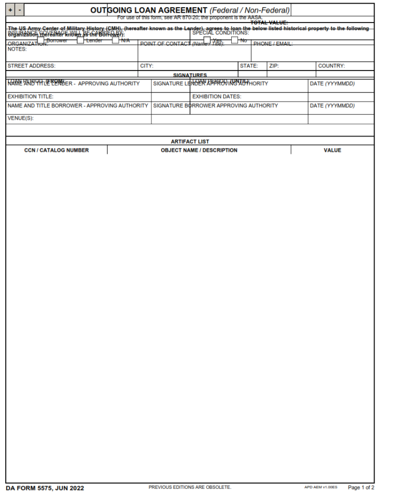 DA Form 5575 - Outgoing Loan Agreement