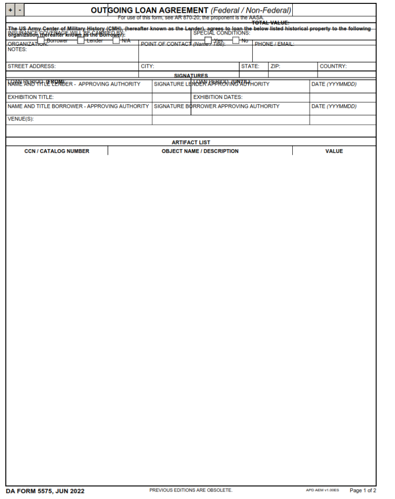 DA Form 5575 - Outgoing Loan Agreement