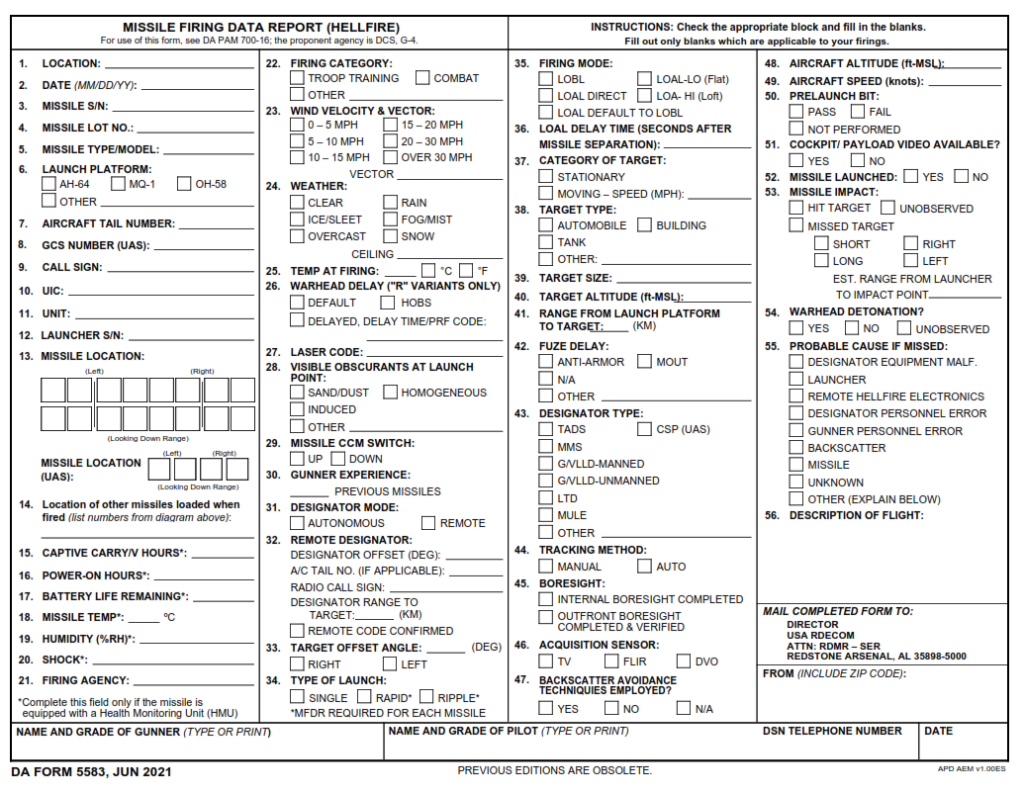 DA Form 5583 – Missile Firing Data Report (Hellfire) | Army Pubs DA Form