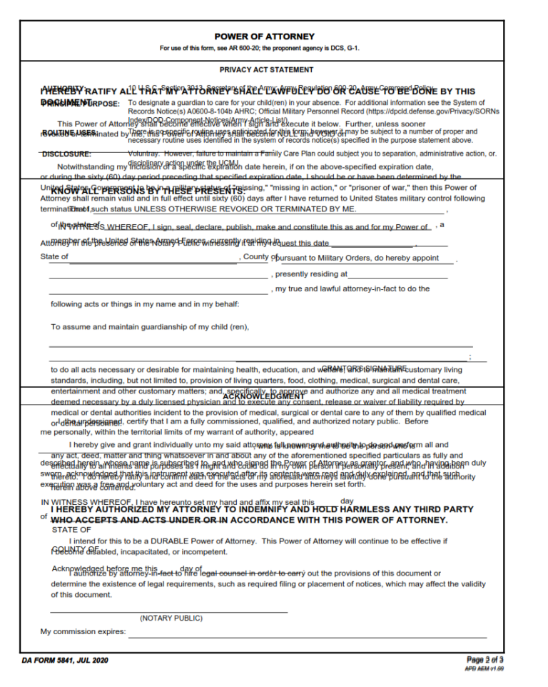 DA Form 5841 – Power Of Attorney | Army Pubs DA Form