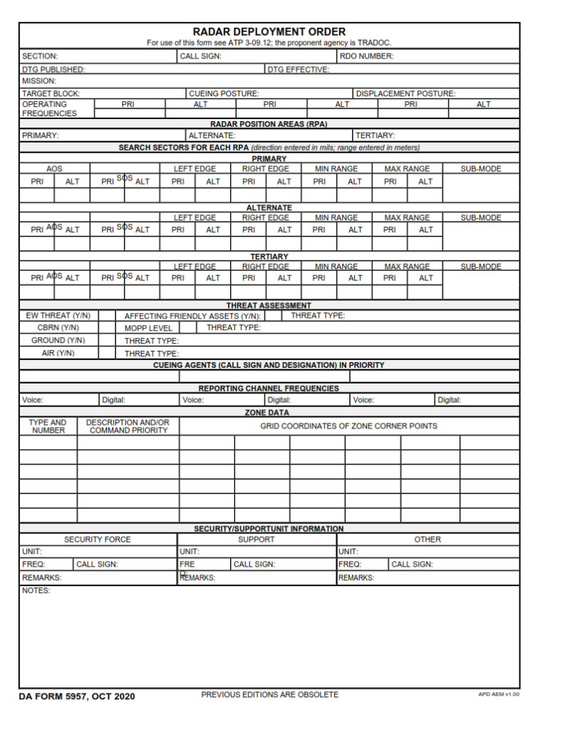 DA Form 5957 - Radar Deployment Order (LRA)