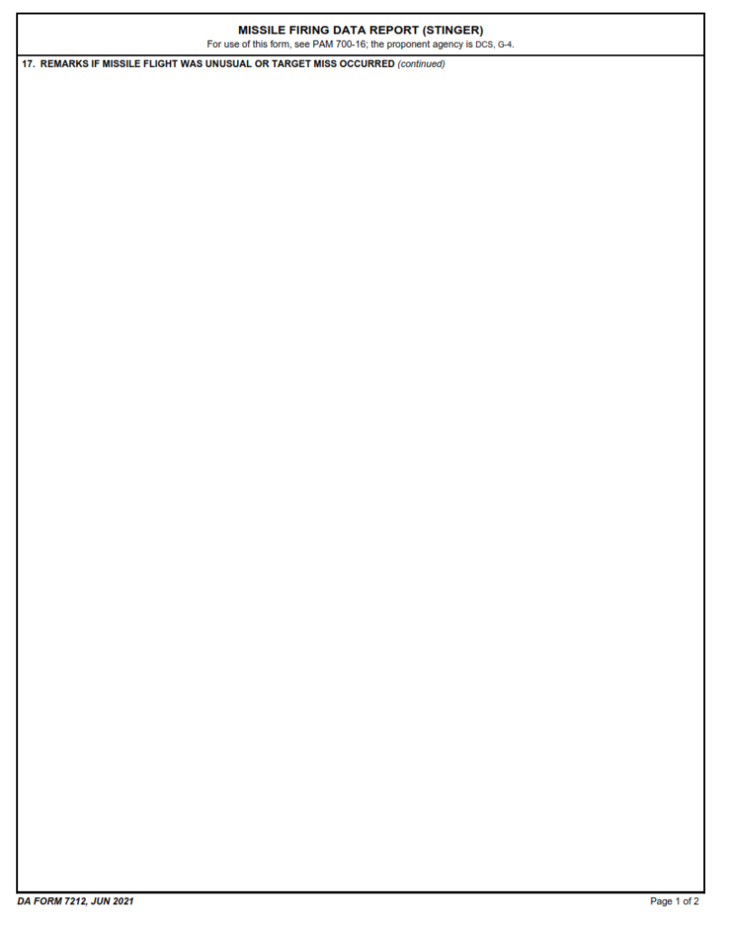 DA Form 7212 - Missile Firing Data Report (Stinger) DA Form 7212 - Missile Firing Data Report (Stinger)