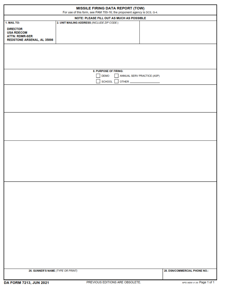 DA Form 7213 - Missile Firing Data Report (Tow)