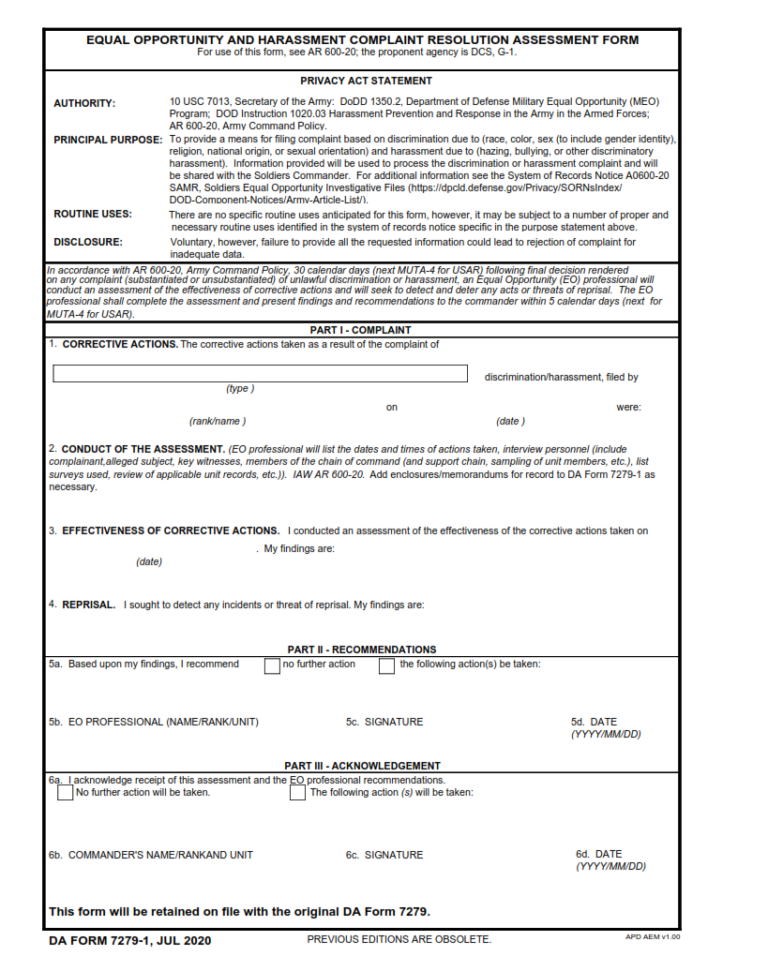 DA Form 7279-1 - Equal Opportunity And Harassment Complaint