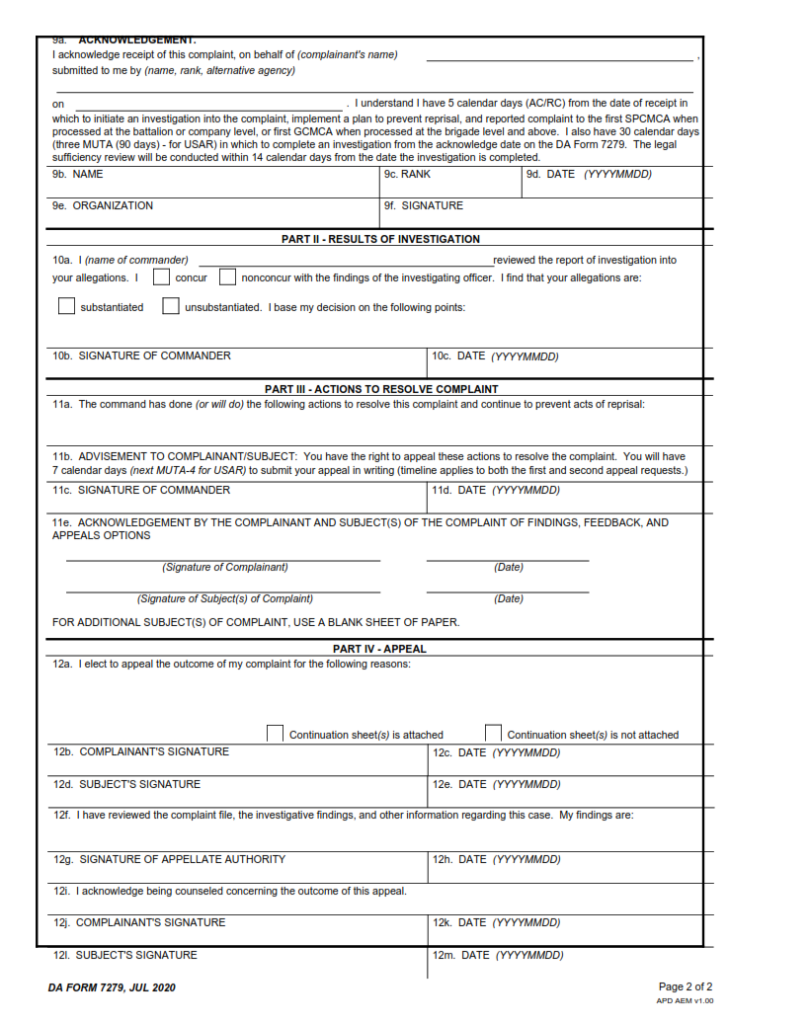DA Form 7279 - Equal Opportunity And Harassment Complaint Form