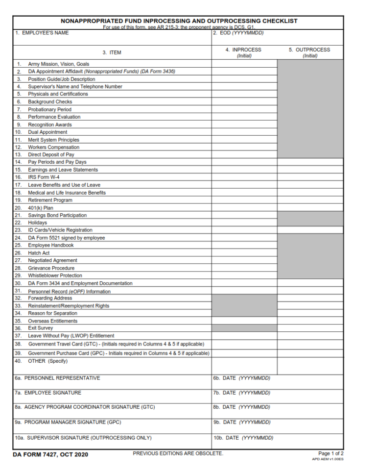 DA Form 7427 - Nonappropriated Fund Inprocessing