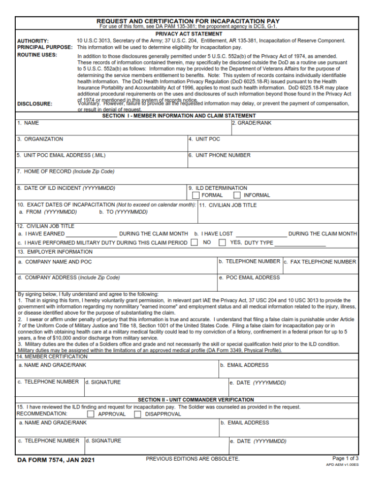 DA Form 7574 - Request And Certification For Incapacitation Pay