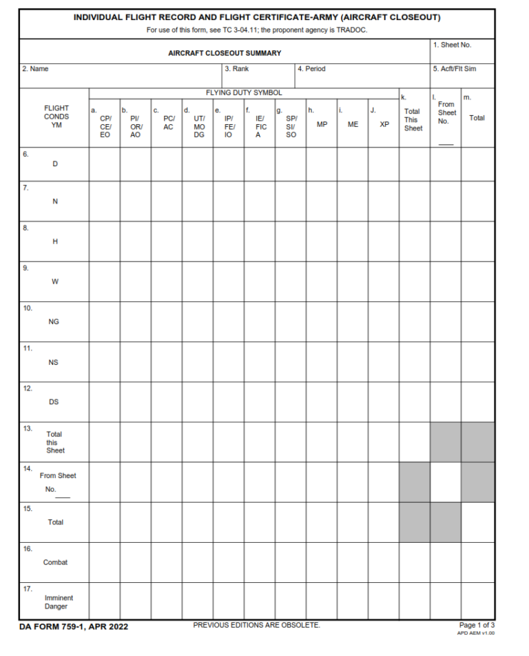 DA Form 759-1 - Individual Flight Record And Flight Certificate-Army