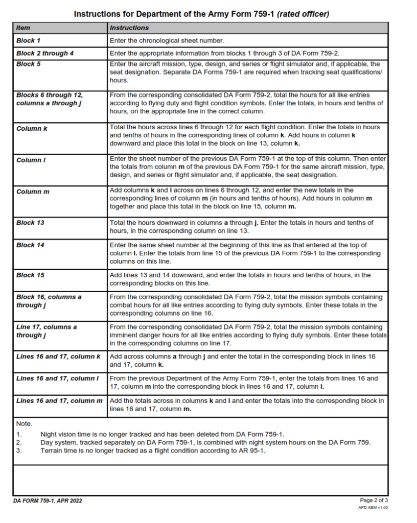 DA Form 759-1 - Individual Flight Record And Flight Certificate-Army