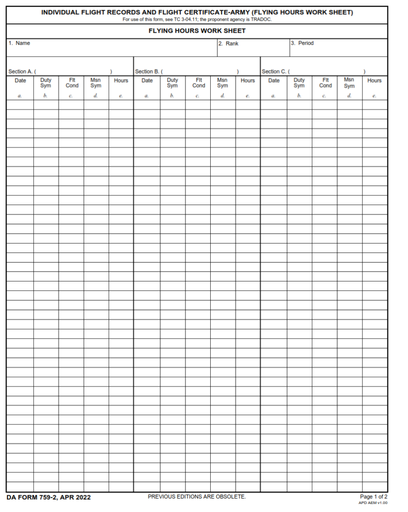 DA Form 759-2- Individual Flight Records And Flight Certificate-Army