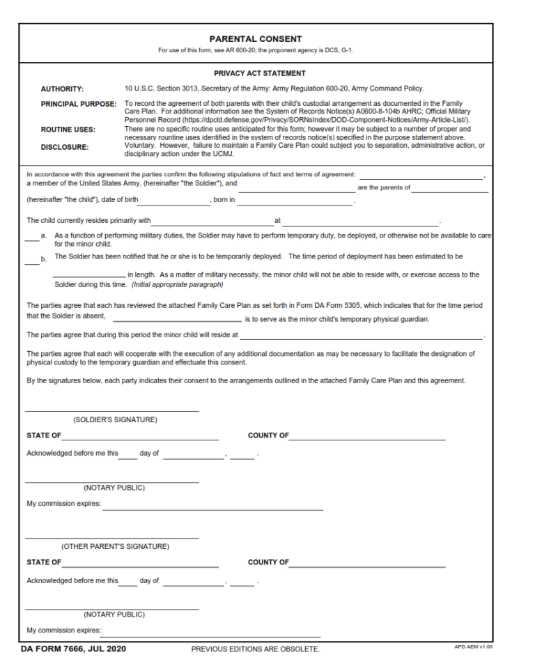 DA Form 7666 - Parental Consent