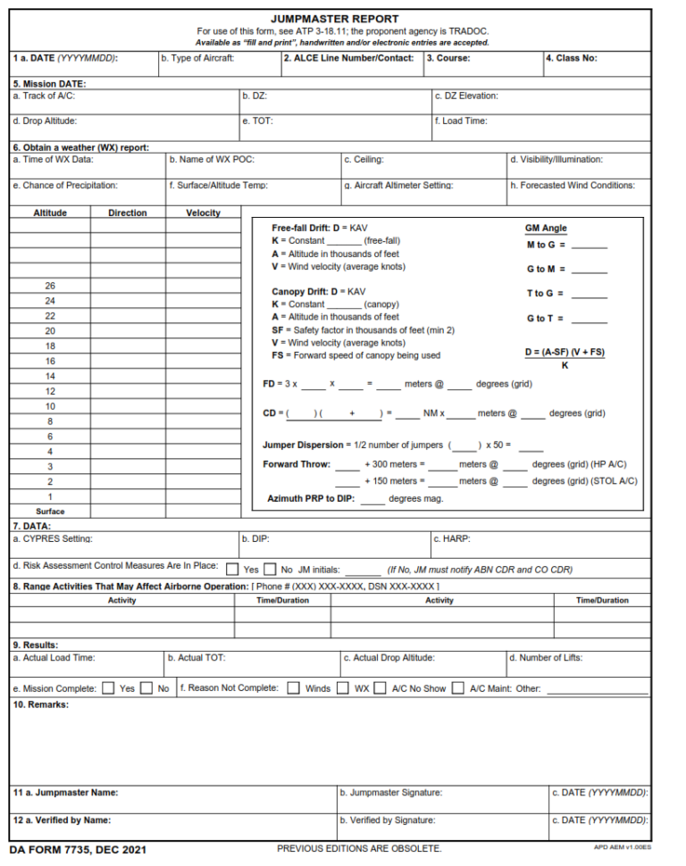 DA Form 7735 – Jumpmaster Report | Army Pubs DA Form