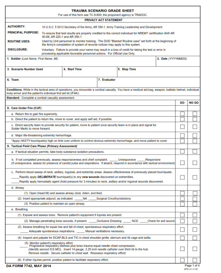 DA Form 7742 - Trauma Scenario Grade Sheet