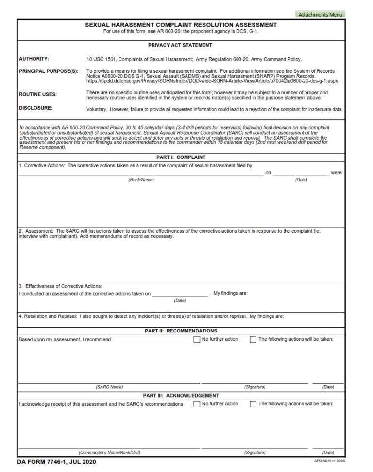 DA Form 7746-1 - Sexual Harassment Complaint Resolution Assessment