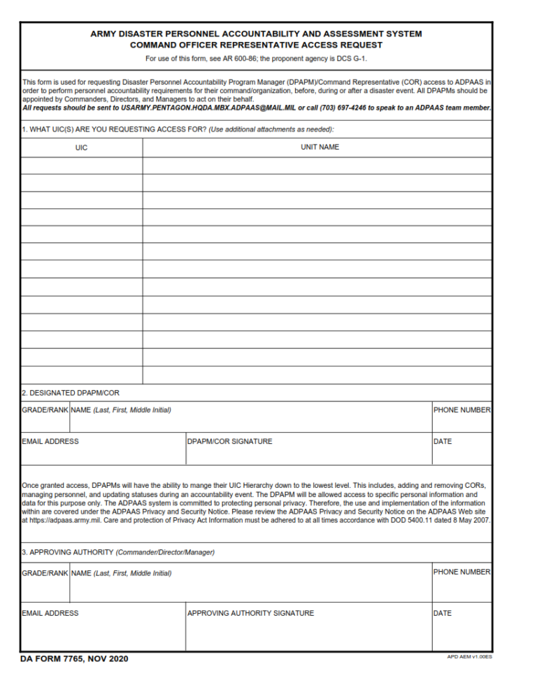DA Form 7765 - Command Officer Representative Access Request