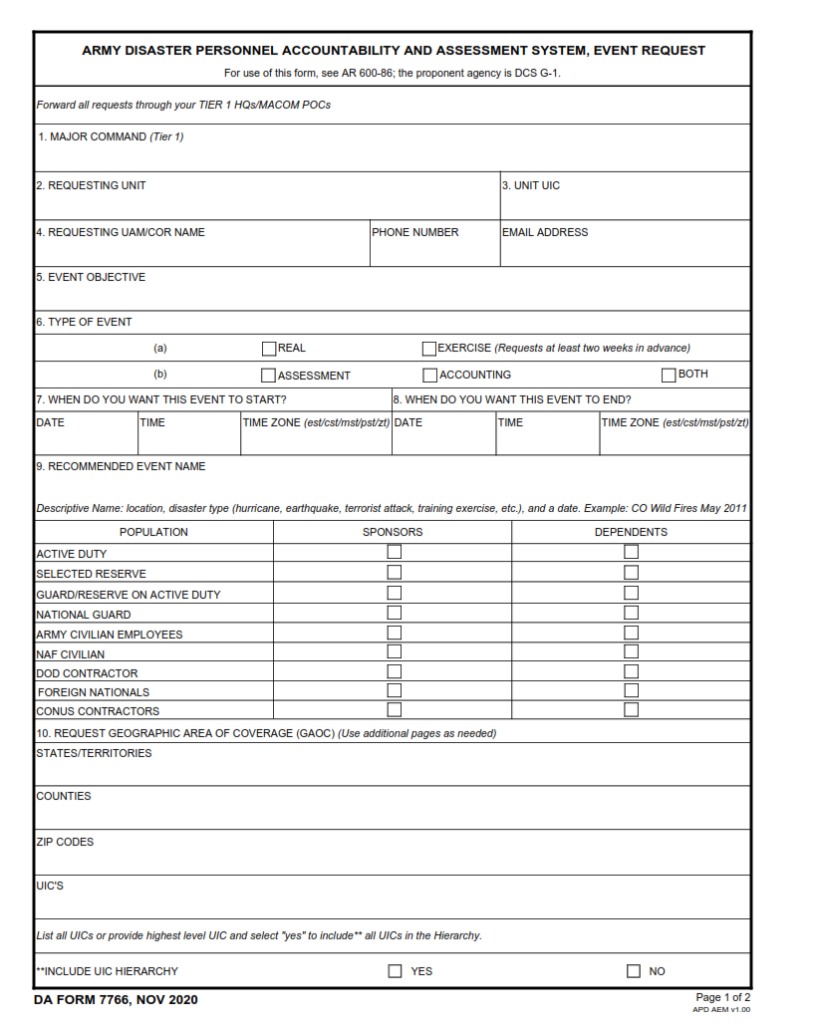 DA Form 7766 - Army Disaster Personnel Accountability DA Form 7766 - Army Disaster Personnel Accountability