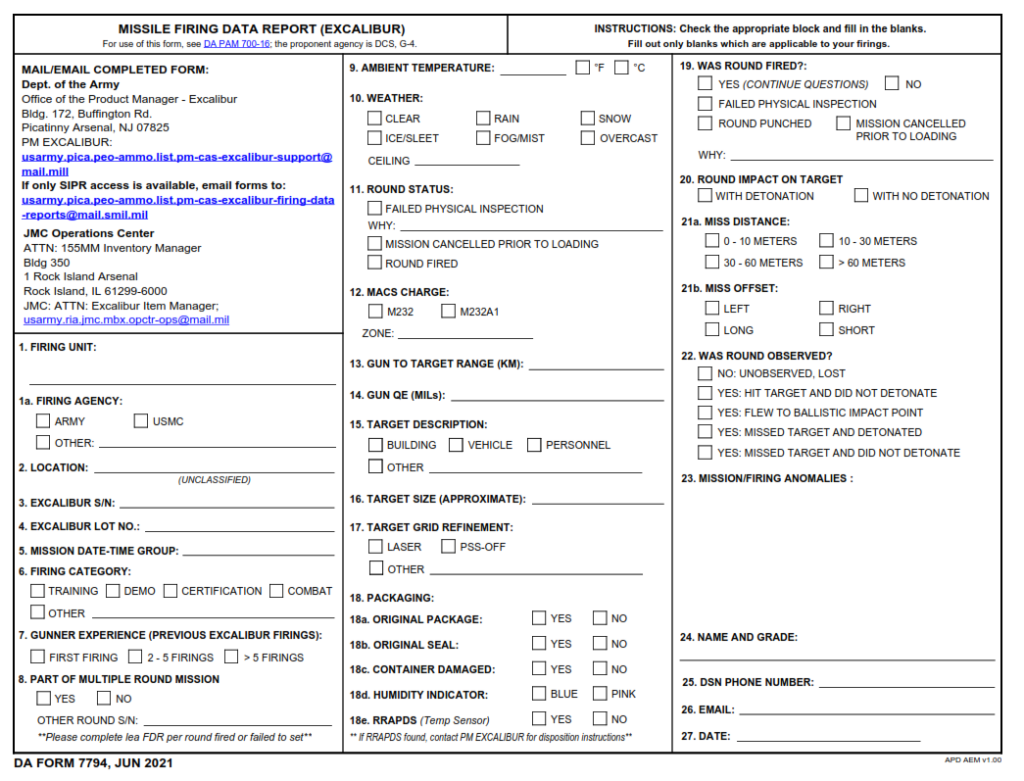 DA Form 7794 - Missile Firing Data Report (Excalibur)