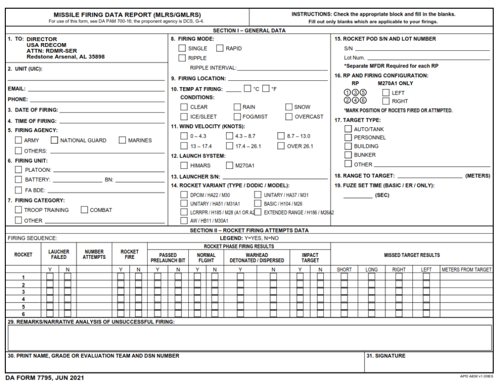 DA Form 7795 - Missile Firing Data Report (Mlrs/Gmlrs)