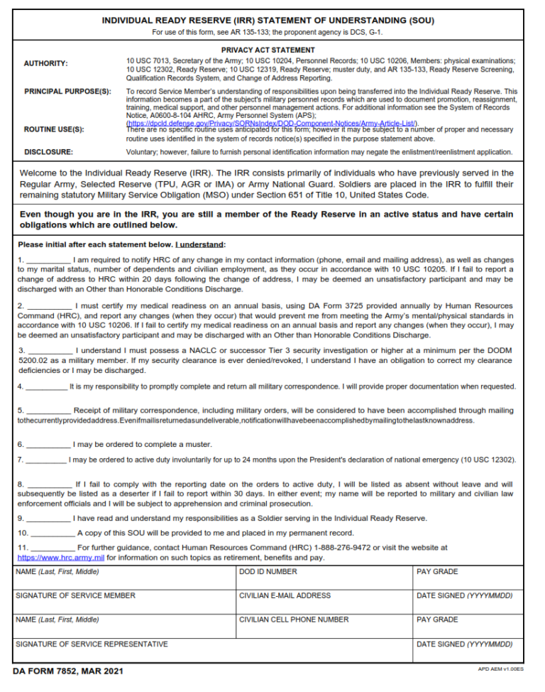 DA Form 7852 - Individual Ready Reserve