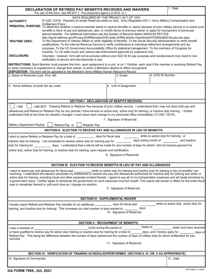 DA Form 7894 - Declaration Of Retired Pay Benefits Received And Waivers