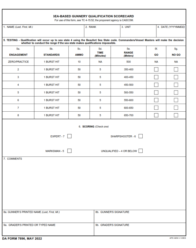 DA Form 7896 - Sea-Based Gunnery Qualification Scorecard