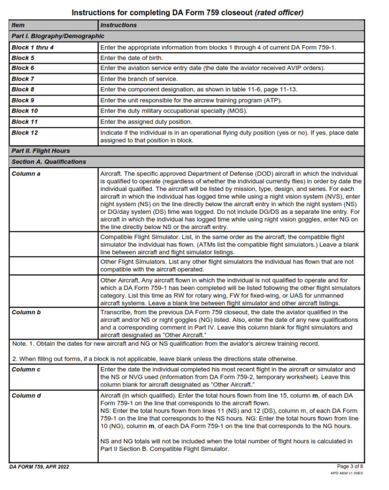 DA Form 759 - Individual Flight Record And Flight Crew Certificate-Army