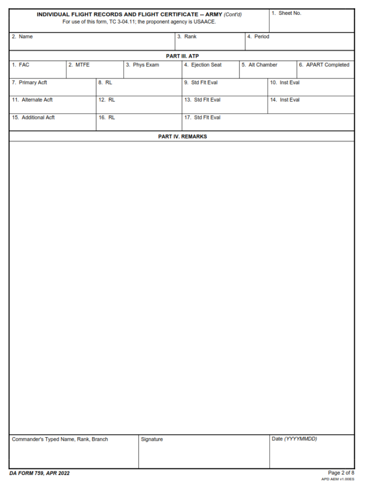 DA Form 759 - Individual Flight Record And Flight Crew Certificate-Army