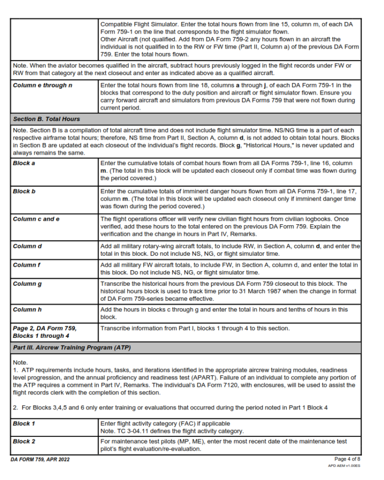 DA Form 759 - Individual Flight Record And Flight Crew Certificate-Army