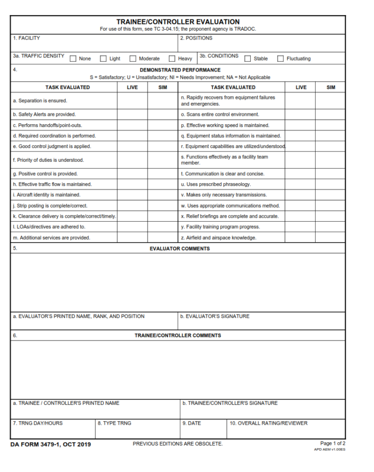 DA Form 3479-1 - Trainee/Controller Evaluation