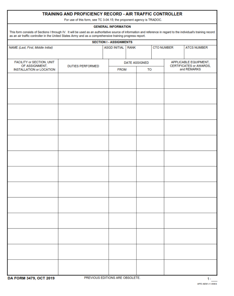 DA Form 3479 - Training And Proficiency Record
