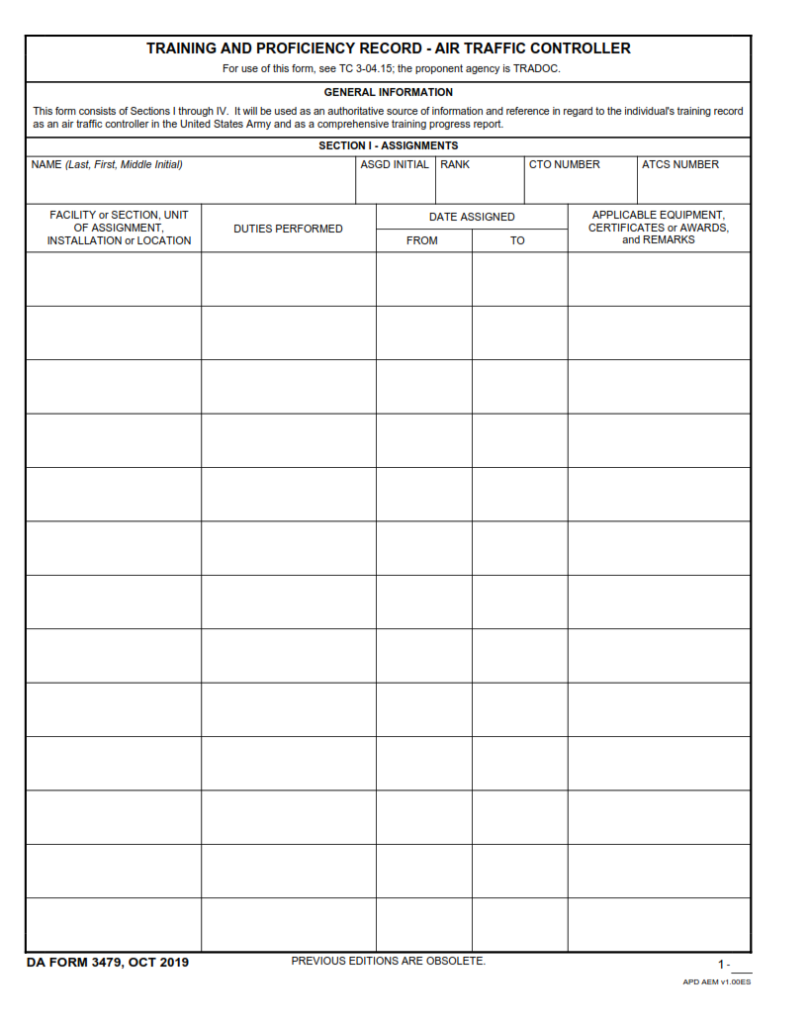 DA Form 3479 - Training And Proficiency Record