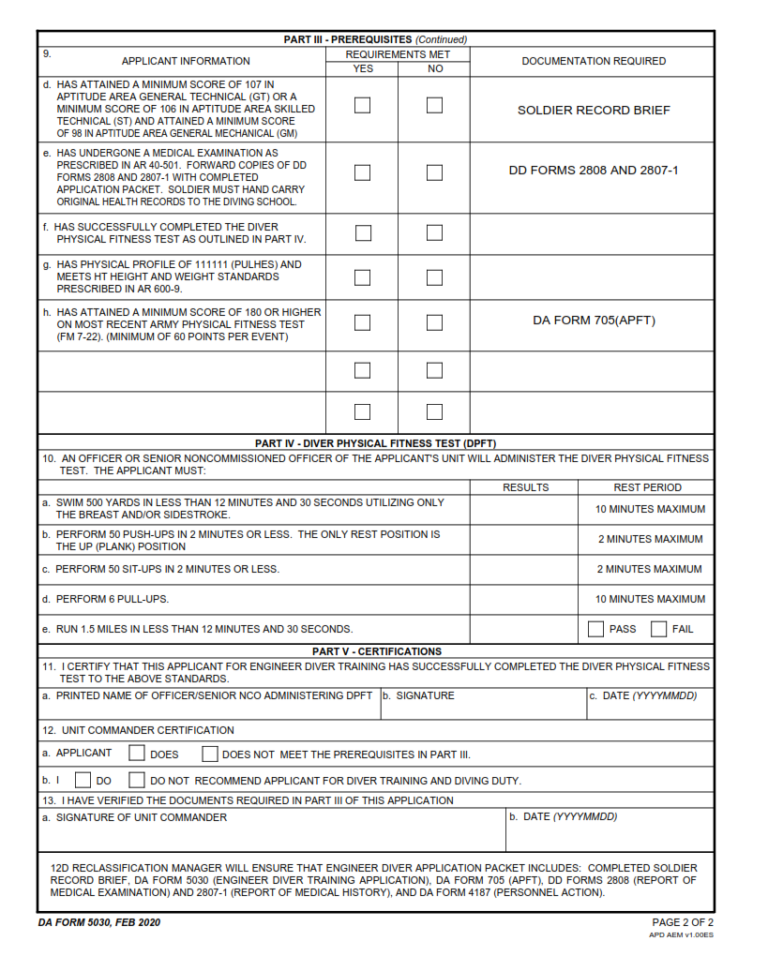 DA Form 5030 - Engineer Diver Training Application
