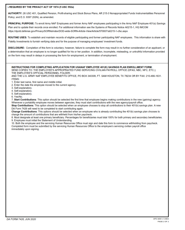 DA Form 7426 - Application For Usanaf Employee 401