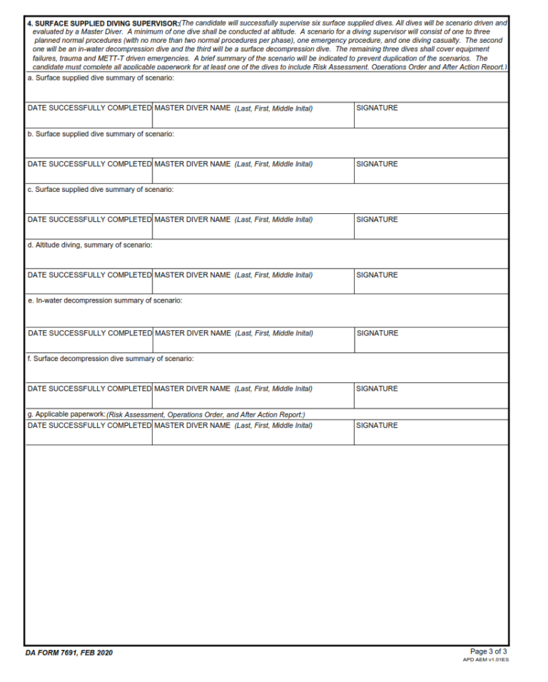 DA Form 7691 - First Class Diver Qualification Worksheet